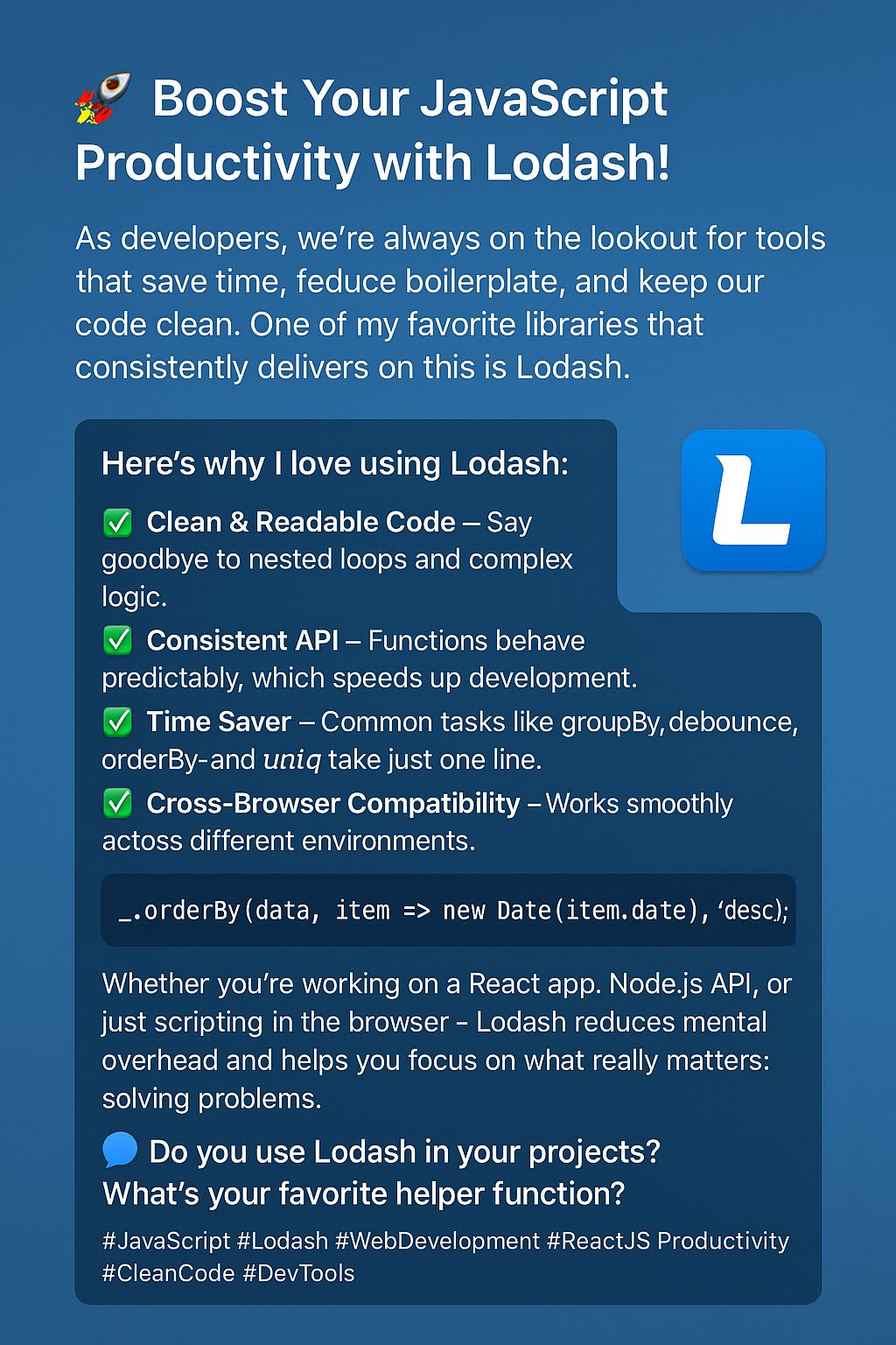 #javascript #lodash #webdevelopment #reactjs #productivity #cleancode ... #javascript #lodash #webdevelopment #reactjs #productivity #cleancode ...
