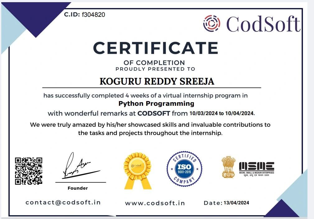 #codsoft #cip | koguru sreeja #codsoft #cip | koguru sreeja