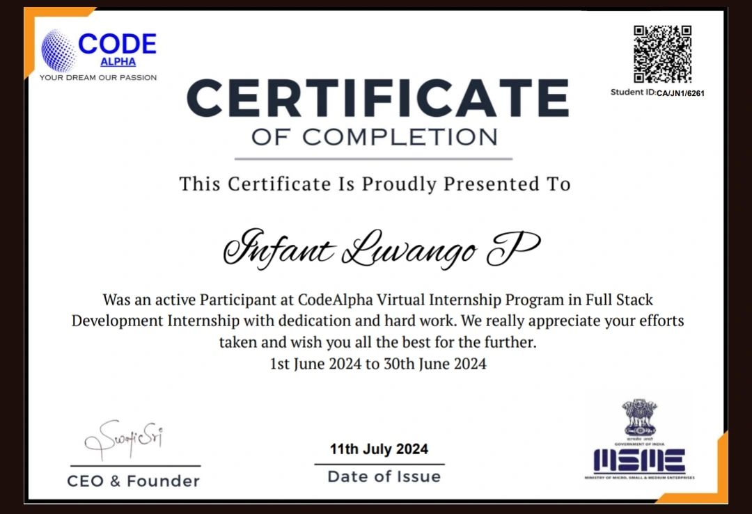 INFANT LUVANGO P on LinkedIn: #codealpha #fullstackdevelepment #web # ... INFANT LUVANGO P on LinkedIn: #codealpha #fullstackdevelepment #web # ...
