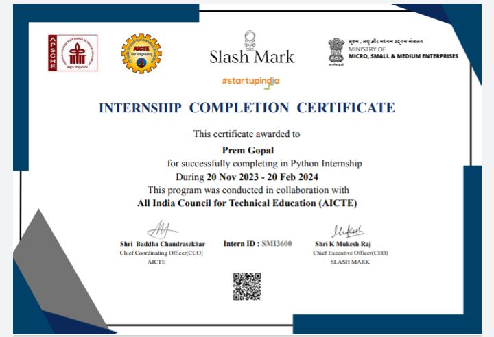 Completed Python internship at Slash Mark IT | Prem Gopal posted on the ... Completed Python internship at Slash Mark IT | Prem Gopal posted on the ...