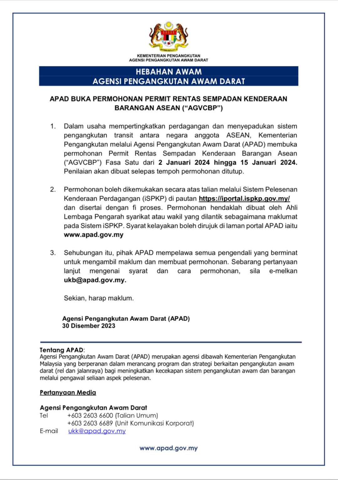 APAD Buka Permohonan Permit Rentas Sempadan Kenderaan Barangan ASEAN ... APAD Buka Permohonan Permit Rentas Sempadan Kenderaan Barangan ASEAN ...