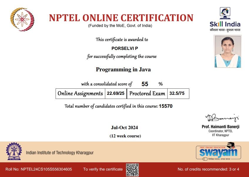 Porselvi P on LinkedIn: #javaprogramming #nptel #achievementunlocked # ... Porselvi P on LinkedIn: #javaprogramming #nptel #achievementunlocked # ...