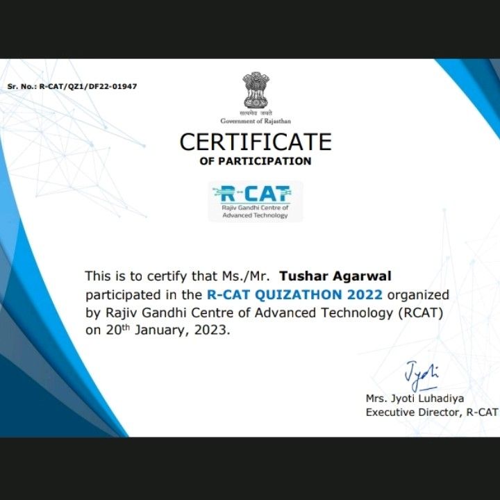 RCAT QUIZATHON Participation Certificate | Tushar Agarwal RCAT QUIZATHON Participation Certificate | Tushar Agarwal