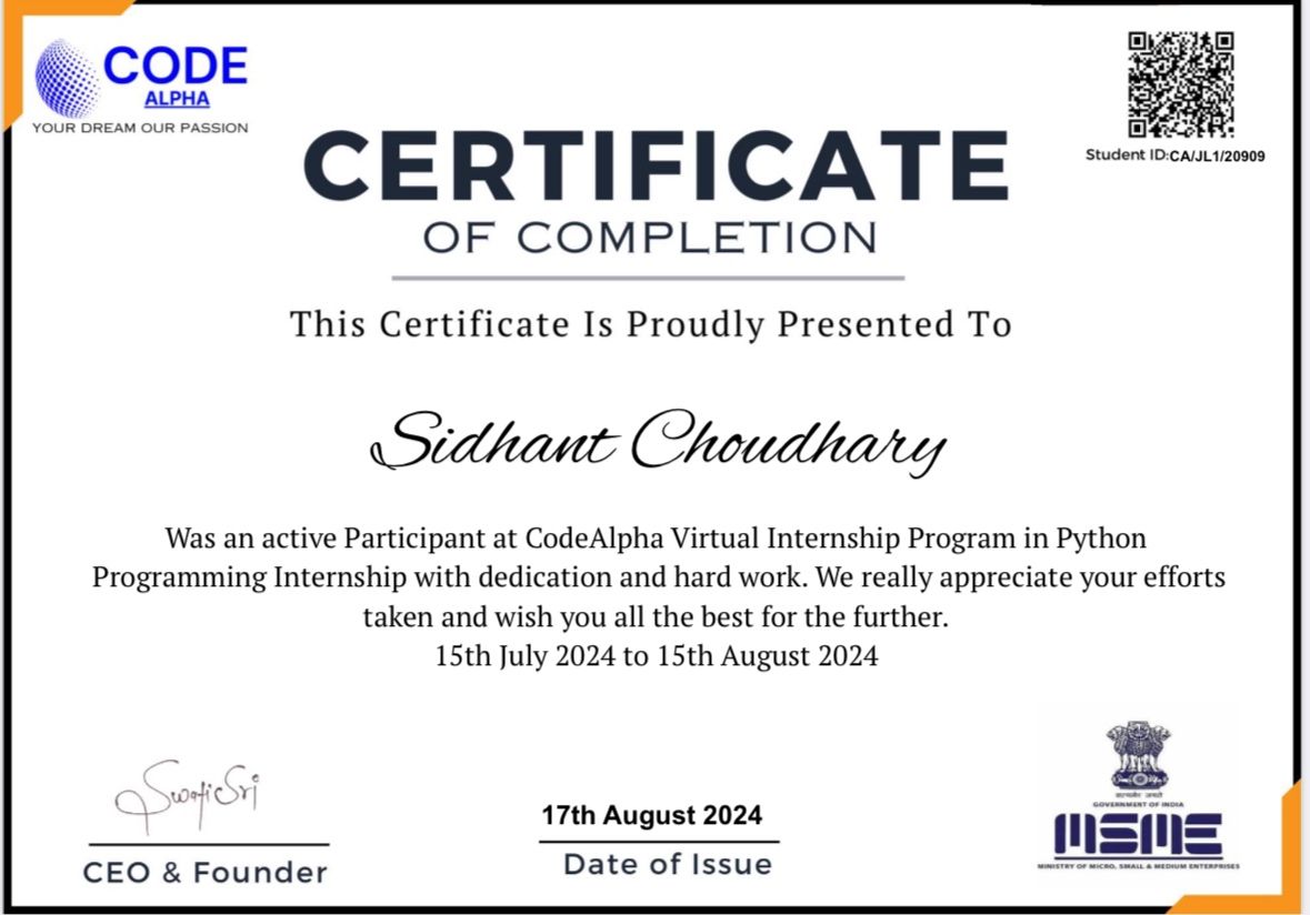 Sidhant Choudhary on LinkedIn: #codealpha Sidhant Choudhary on LinkedIn: #codealpha