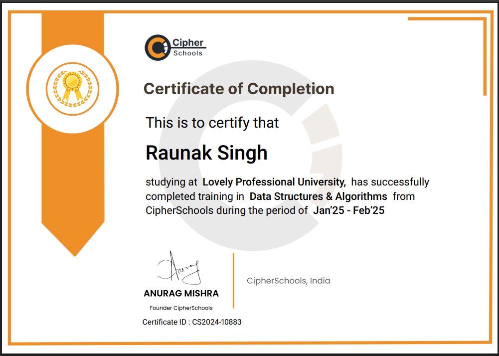 #dsa #cipherschools #coding | Raunak Singh #dsa #cipherschools #coding | Raunak Singh