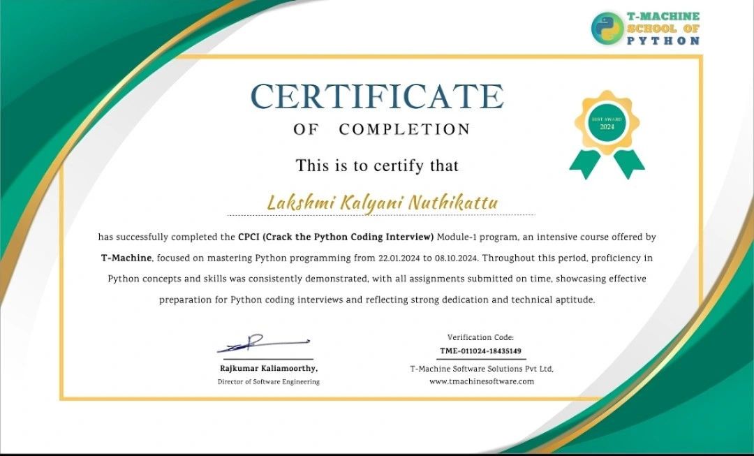 Lakshmi Kalyani on LinkedIn: #python #coding #certification #tmachine # ... Lakshmi Kalyani on LinkedIn: #python #coding #certification #tmachine # ...