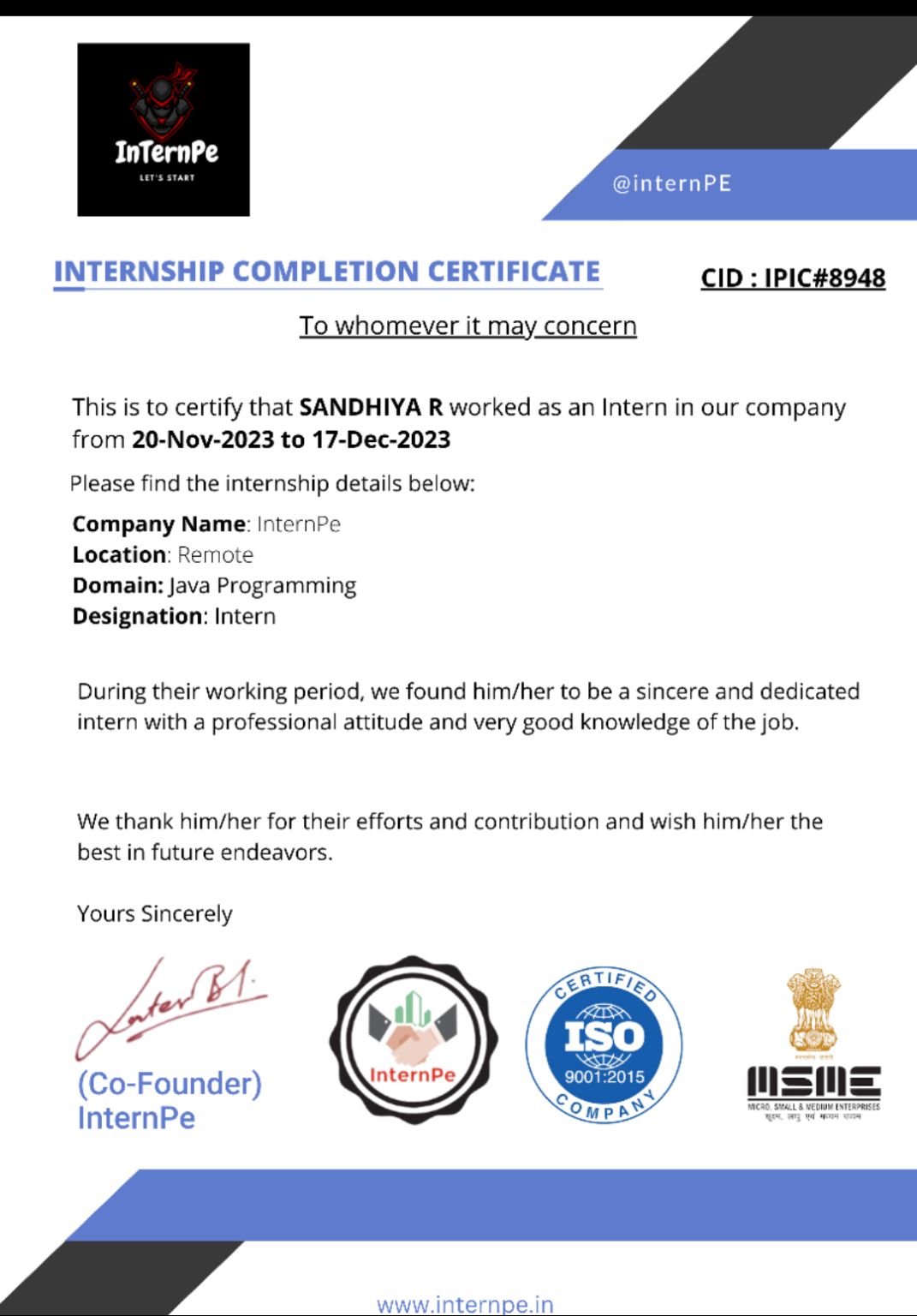 Completed Java Programming course at InternPe | SANDHIYA R posted on ... Completed Java Programming course at InternPe | SANDHIYA R posted on ...