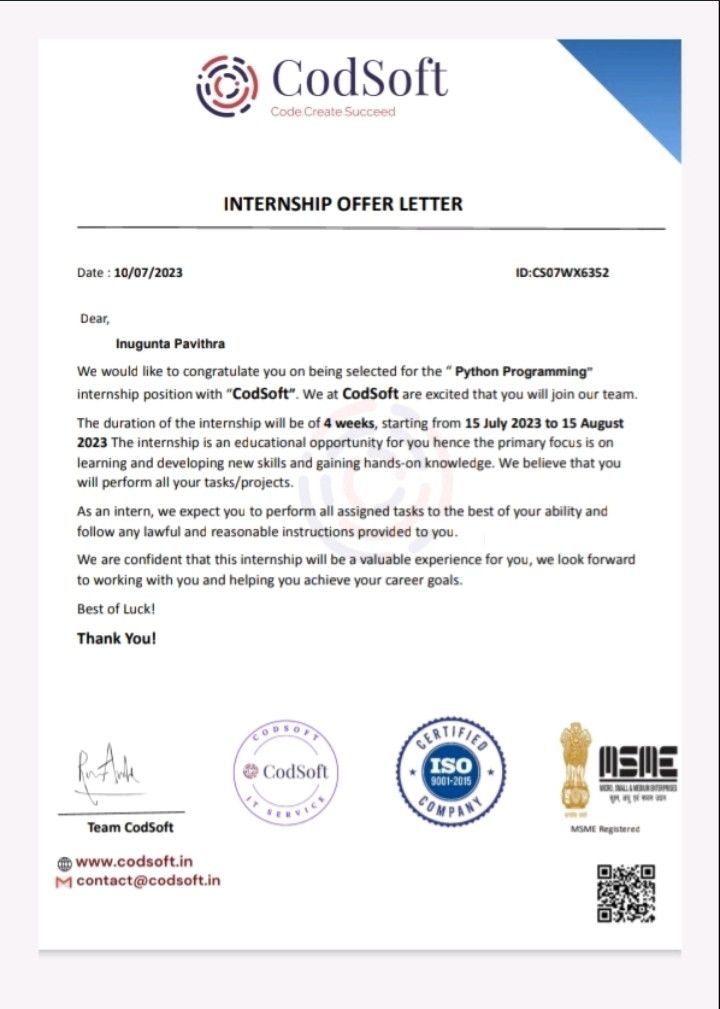 #pythondeveloper #codsoft #codsoftinternship | Pavithra Inugunta #pythondeveloper #codsoft #codsoftinternship | Pavithra Inugunta