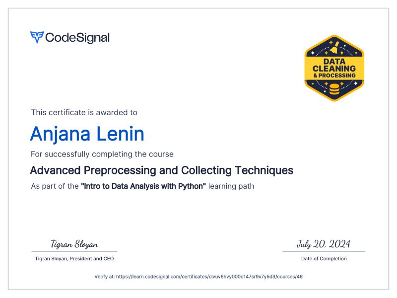 Data preprocessing and collection course by CodeSignal | Anjana Lenin ... Data preprocessing and collection course by CodeSignal | Anjana Lenin ...