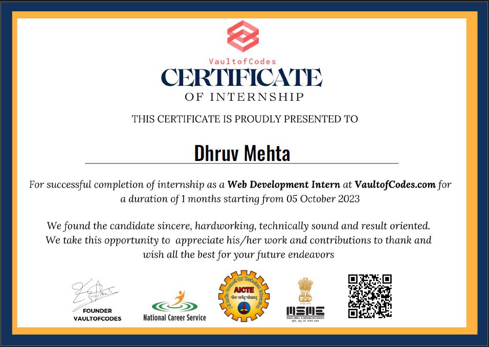 Dhruv Mehta on LinkedIn: #webdevelopment #internshipjourney #vaultofcodes Dhruv Mehta on LinkedIn: #webdevelopment #internshipjourney #vaultofcodes