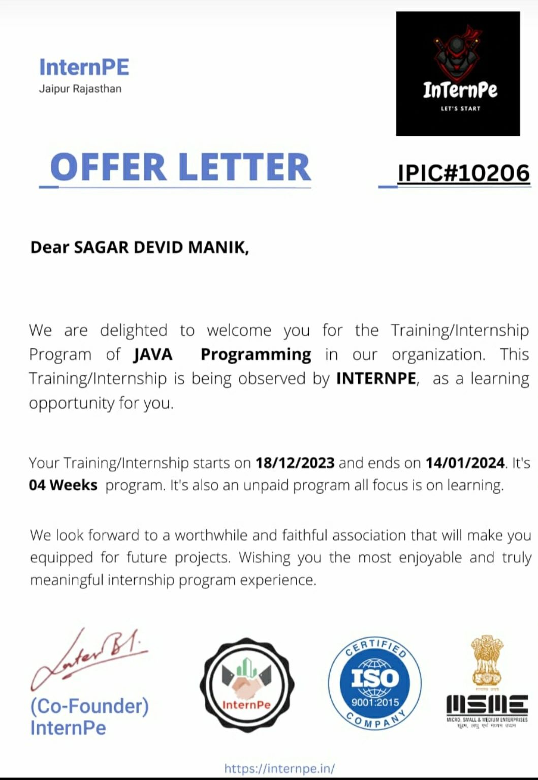 I have started new position as Java programming intern at InternPe ... I have started new position as Java programming intern at InternPe ...
