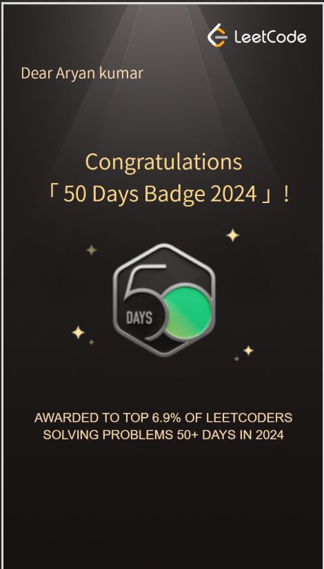 Aryan Kumar on LinkedIn: #leetcode #50daysofleetcode #trusttheprocess # ... Aryan Kumar on LinkedIn: #leetcode #50daysofleetcode #trusttheprocess # ...