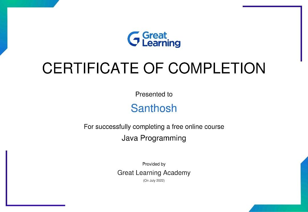 Santhosh K on LinkedIn: successful completed a 1 week java programming ... Santhosh K on LinkedIn: successful completed a 1 week java programming ...