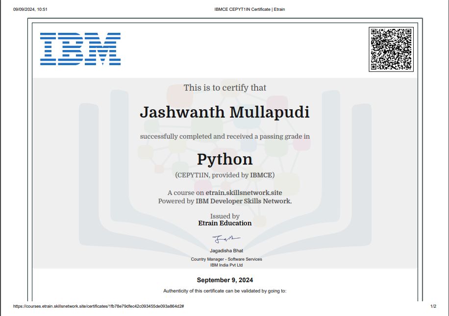 Jashwanth Mullapudi on LinkedIn: #python #certification #ibm # ... Jashwanth Mullapudi on LinkedIn: #python #certification #ibm # ...