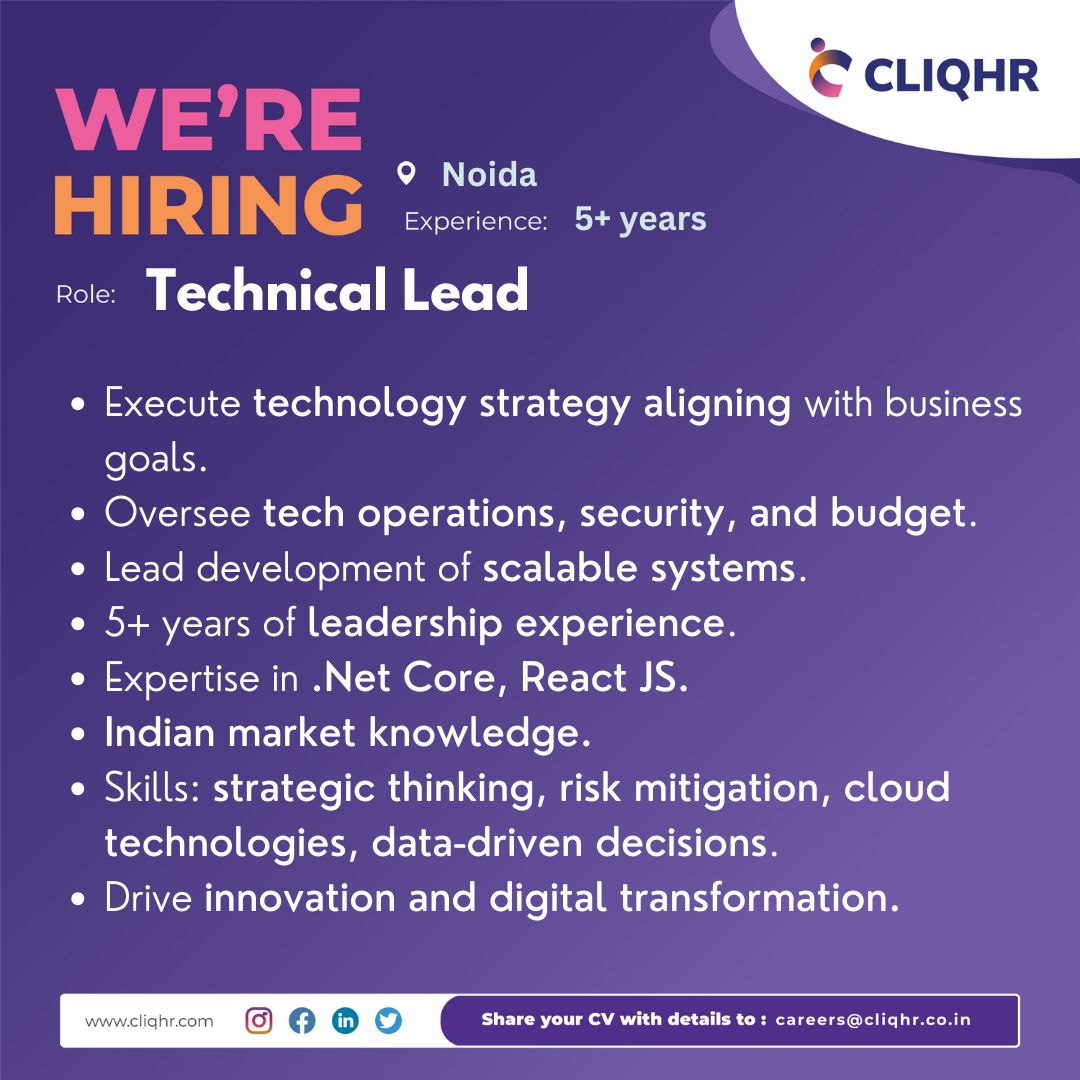 CLIQHR Recruitment Services on LinkedIn: #technicallead #hiring # ... CLIQHR Recruitment Services on LinkedIn: #technicallead #hiring # ...