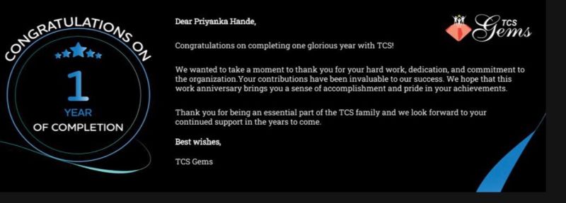 PRIYANKA HANDE on LinkedIn: Work Anniversary 👩🏻💻 #thankyou#tcsion PRIYANKA HANDE on LinkedIn: Work Anniversary 👩🏻💻 #thankyou#tcsion