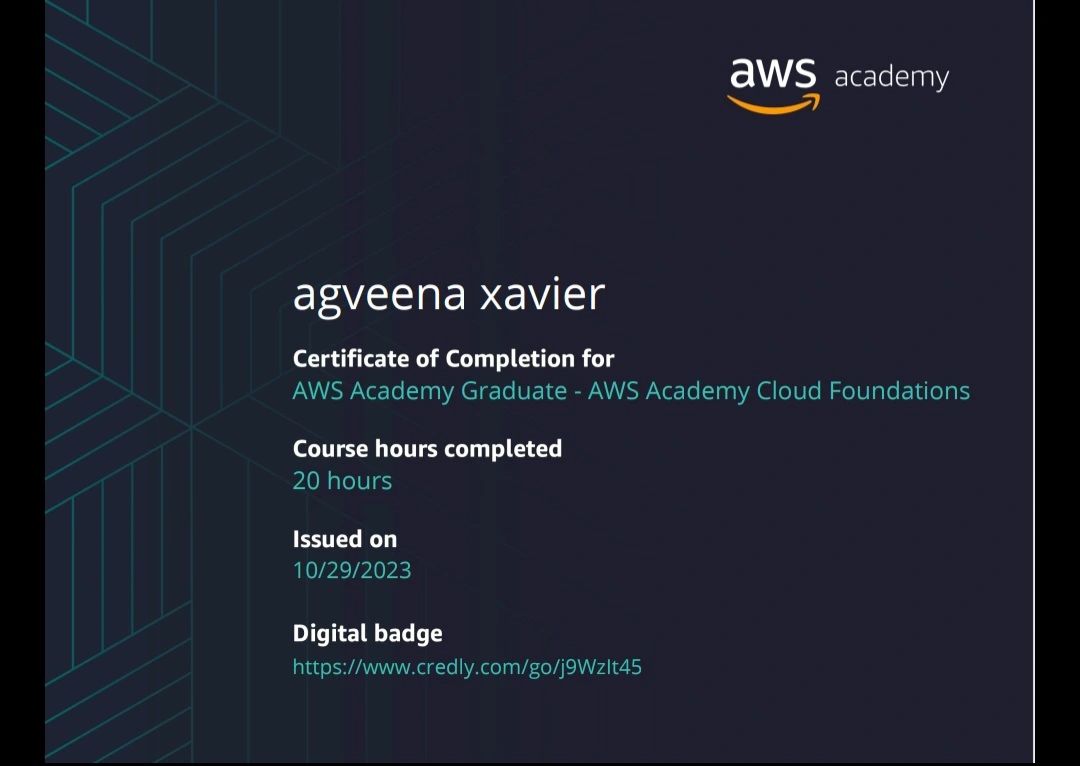 Agveena Xavier on LinkedIn: #awscloudclubs #studentsataws # ... Agveena Xavier on LinkedIn: #awscloudclubs #studentsataws # ...
