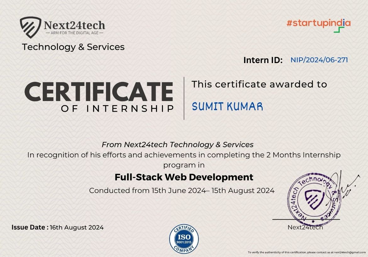 Sumit Kumar on LinkedIn: #internship #fullstack #webdevelopment Sumit Kumar on LinkedIn: #internship #fullstack #webdevelopment