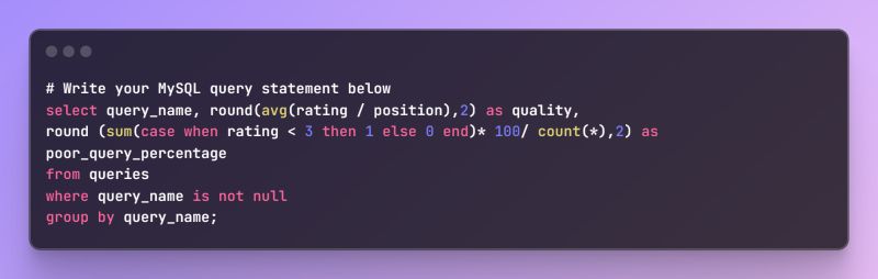 Souvik Chai on LinkedIn: (19/50) #SQL50 #LeetCode problem 1211. Queries ... Souvik Chai on LinkedIn: (19/50) #SQL50 #LeetCode problem 1211. Queries ...