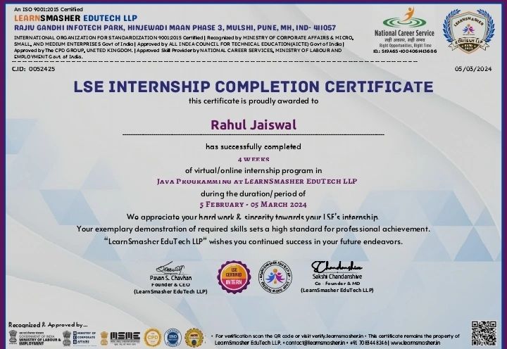 RAHUL JAISWAL on LinkedIn: #internship #java #javadeveloper RAHUL JAISWAL on LinkedIn: #internship #java #javadeveloper