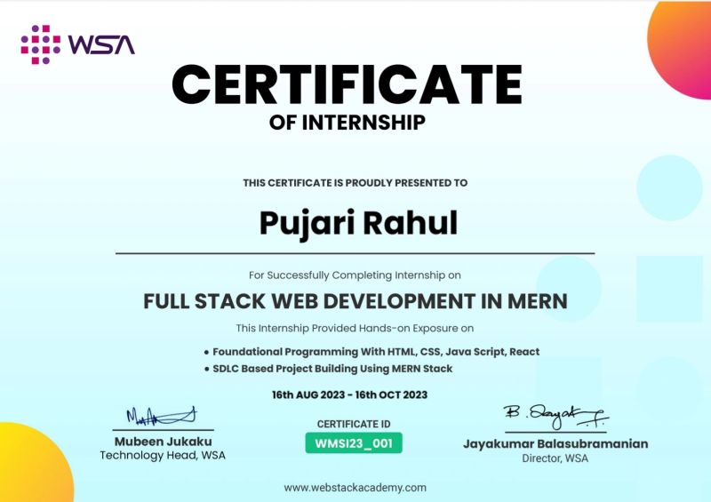 Rahul Pujari on LinkedIn: Successfully completed Internship on Full ... Rahul Pujari on LinkedIn: Successfully completed Internship on Full ...