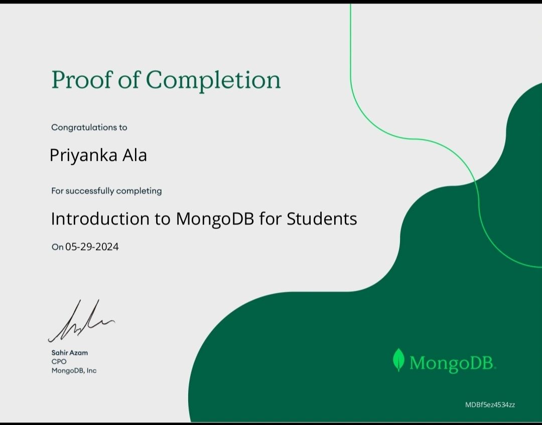 Completed Introduction to MangoDB for students | Ala Lakshmi Priyanka ... Completed Introduction to MangoDB for students | Ala Lakshmi Priyanka ...