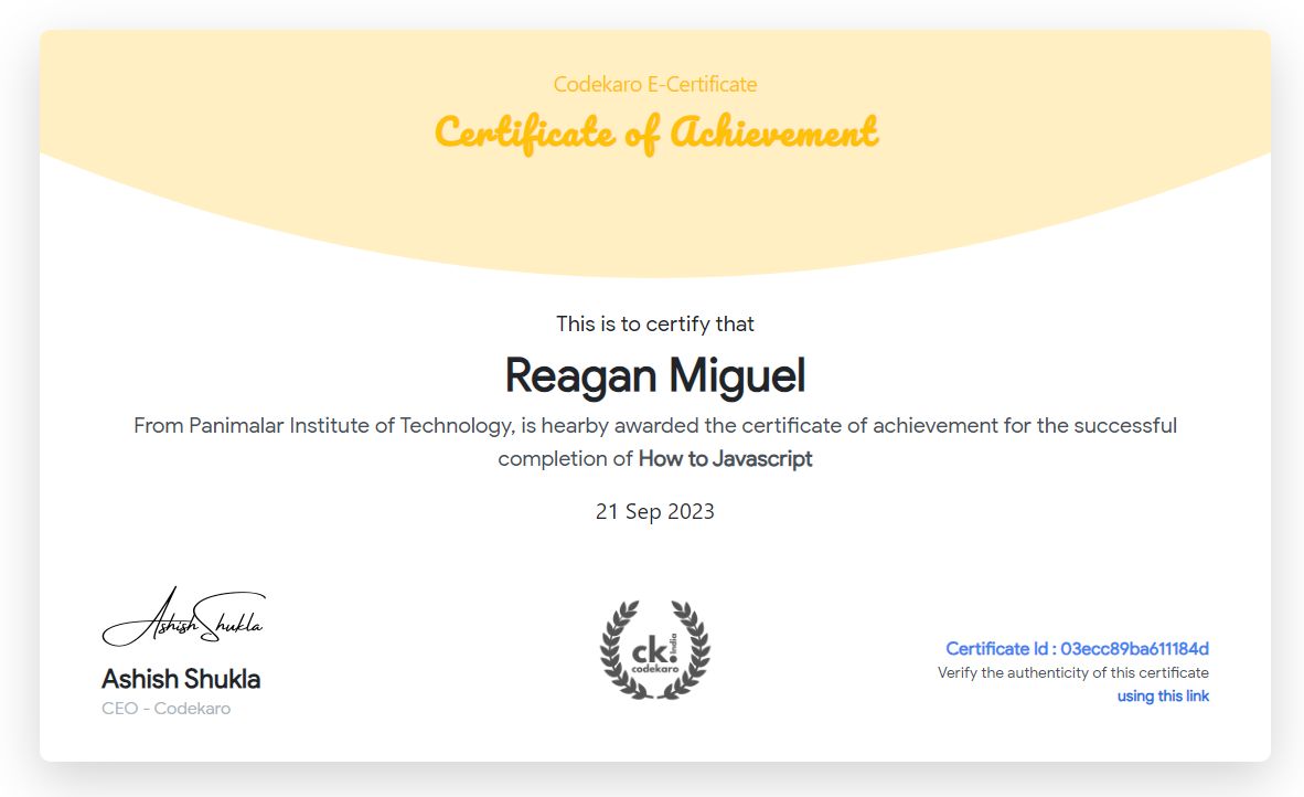 Reagan Miguel on LinkedIn: #javascriptcertified #bootcampgraduate # ... Reagan Miguel on LinkedIn: #javascriptcertified #bootcampgraduate # ...