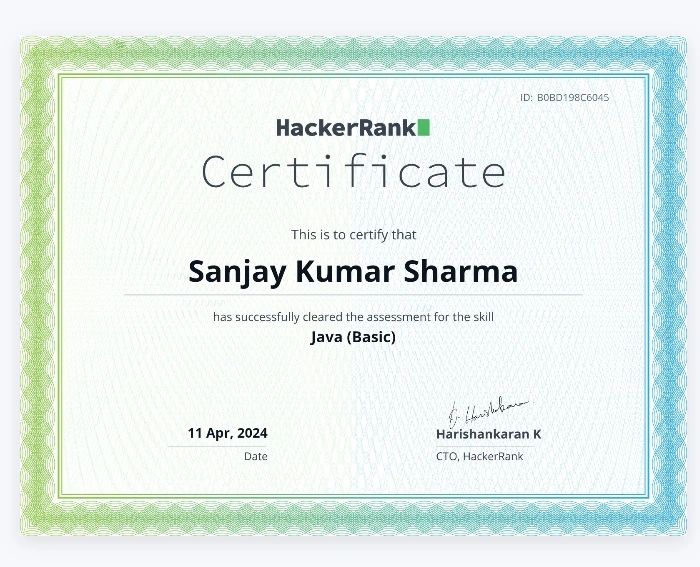 Sanjay Sharma on LinkedIn: #java #coding #hackerrankcertification # ... Sanjay Sharma on LinkedIn: #java #coding #hackerrankcertification # ...