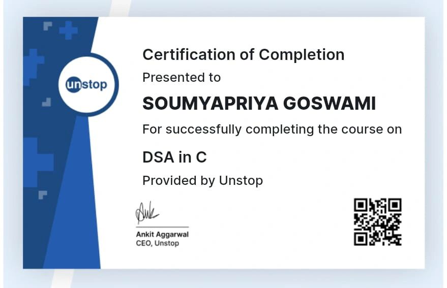 SOUMYAPRIYA GOSWAMI on LinkedIn: completed DSA in C in unstop SOUMYAPRIYA GOSWAMI on LinkedIn: completed DSA in C in unstop