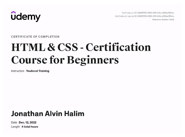 HTML & CSS Certificate of Completion | Jonathan Alvin Halim HTML & CSS Certificate of Completion | Jonathan Alvin Halim