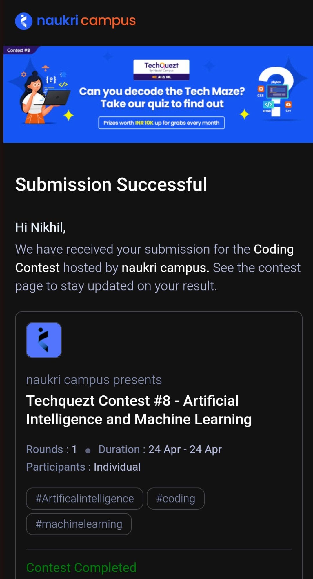 Nikhil Dixit on LinkedIn: #techquezt #codingcontest #ai #machinelearning Nikhil Dixit on LinkedIn: #techquezt #codingcontest #ai #machinelearning