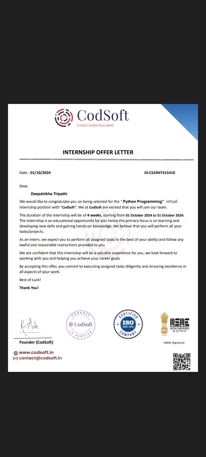 Deepshikha Tripathi on LinkedIn: #codsoft #internship #python Deepshikha Tripathi on LinkedIn: #codsoft #internship #python