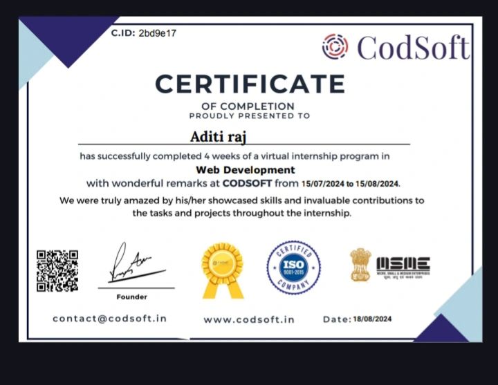 Aditi raj on LinkedIn: #webdevelopment #internship #codsoft #frontend # ... Aditi raj on LinkedIn: #webdevelopment #internship #codsoft #frontend # ...