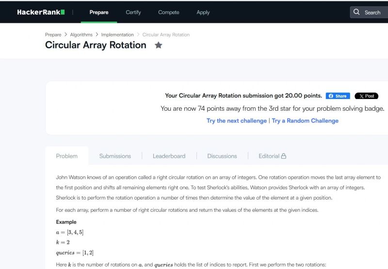 Excited to share that I successfully solved the Circular Array Rotation ... Excited to share that I successfully solved the Circular Array Rotation ...