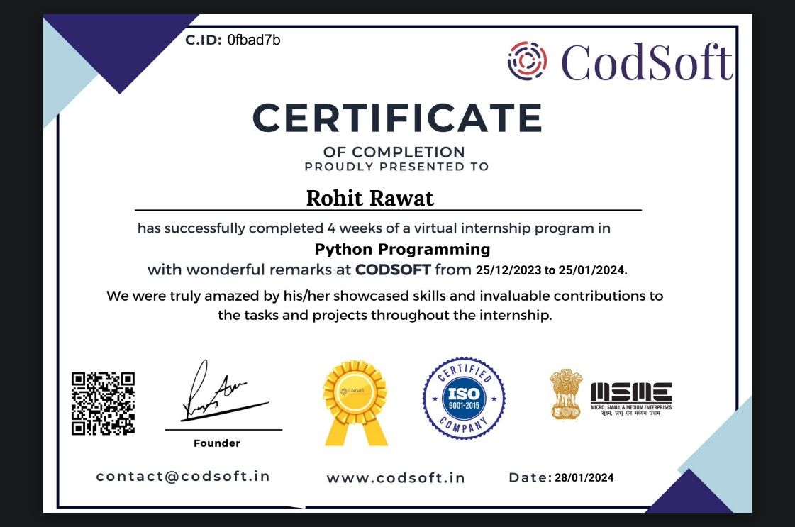 Rohit rawat on LinkedIn: #pythonprogramming #internshipcompletion # ... Rohit rawat on LinkedIn: #pythonprogramming #internshipcompletion # ...