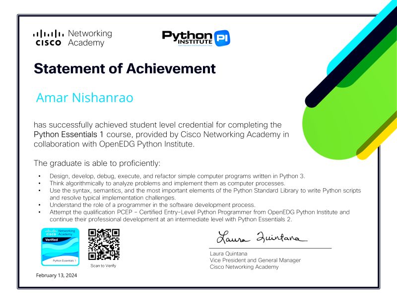 #python #cisconetworkingacademy #certificationachieved | Amar Nishanrao #python #cisconetworkingacademy #certificationachieved | Amar Nishanrao