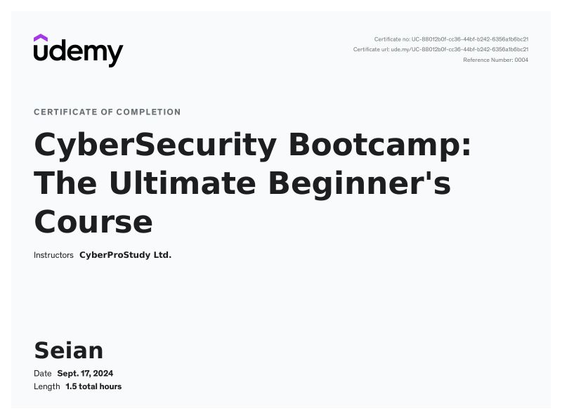 Completed CyberSecurity Bootcamp on Udemy | Seian Nimesh posted on the ... Completed CyberSecurity Bootcamp on Udemy | Seian Nimesh posted on the ...