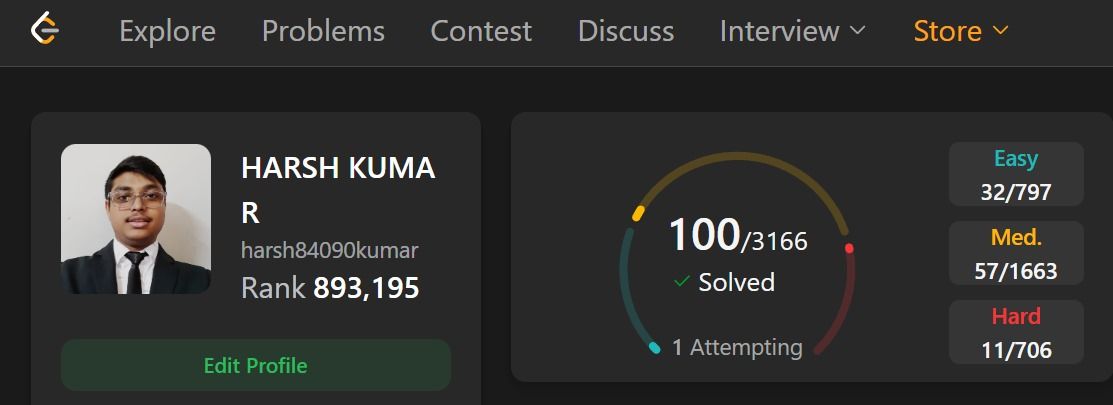 Completed 100 LeetCode problems | HARSH KUMAR posted on the topic ... Completed 100 LeetCode problems | HARSH KUMAR posted on the topic ...