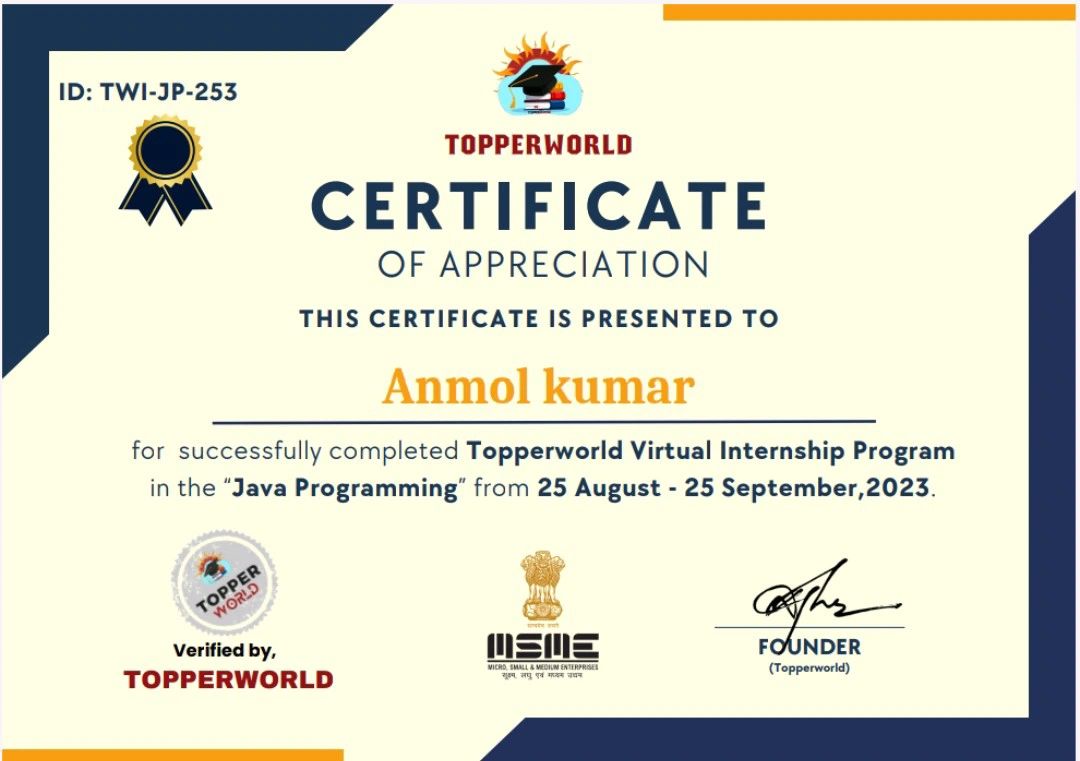 Anmol Kumar on LinkedIn: #java #virtualinternship Anmol Kumar on LinkedIn: #java #virtualinternship