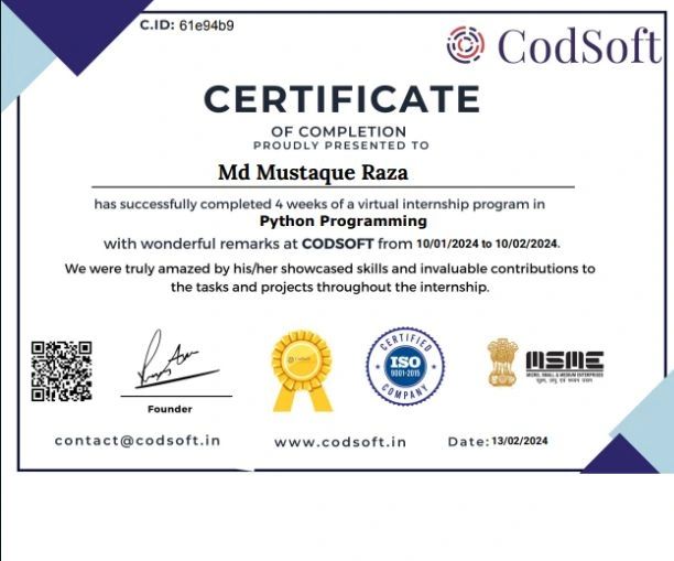 Md Mustaque Raza on LinkedIn: #codsoft #codsoft #pythonprogramming # ... Md Mustaque Raza on LinkedIn: #codsoft #codsoft #pythonprogramming # ...