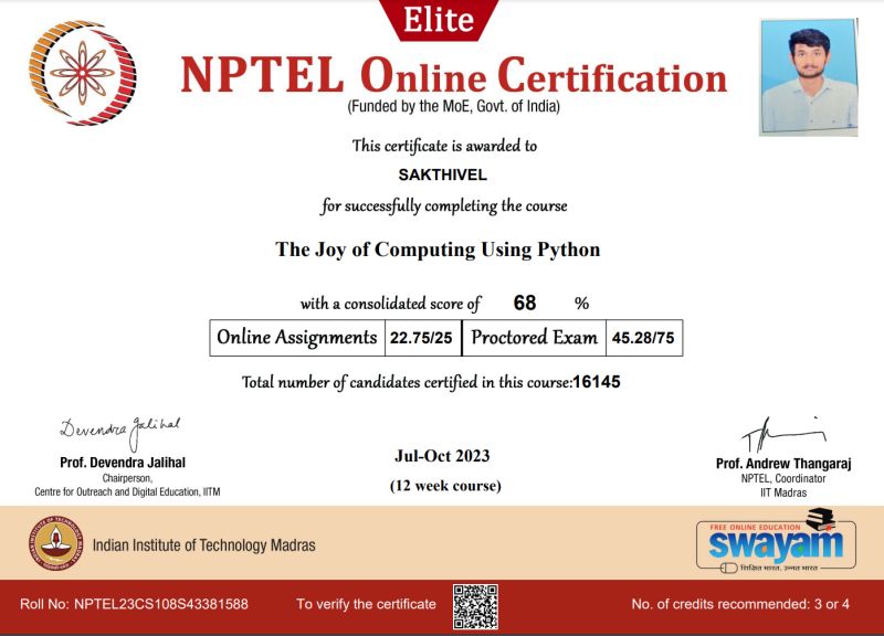 Earned NPTEL Python Programming Certificate | Sakthivel S posted on the ... Earned NPTEL Python Programming Certificate | Sakthivel S posted on the ...