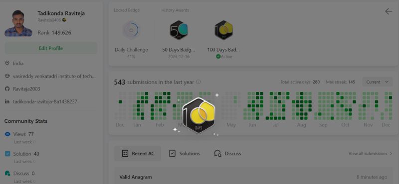 #leetcode #codingconsistency #achievementunlocked | Ravi Teja Tadikonda #leetcode #codingconsistency #achievementunlocked | Ravi Teja Tadikonda
