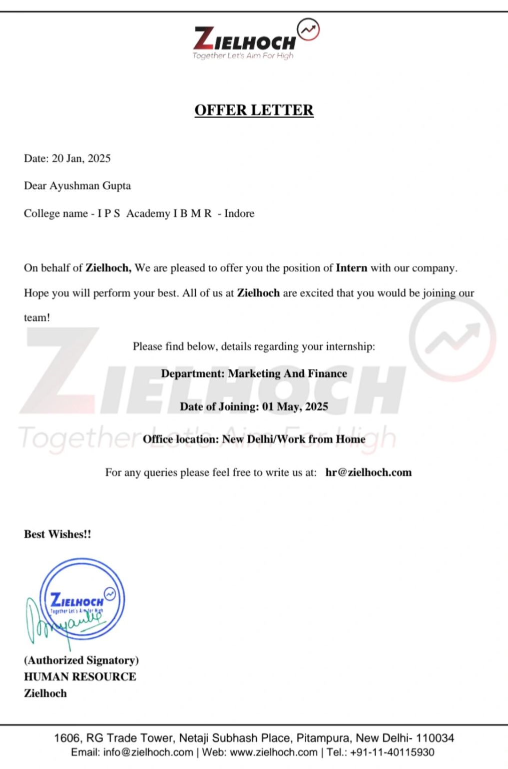 Internship offer Letter ZEILHOCH LTD Delhi | Ayushman Gupta Internship offer Letter ZEILHOCH LTD Delhi | Ayushman Gupta