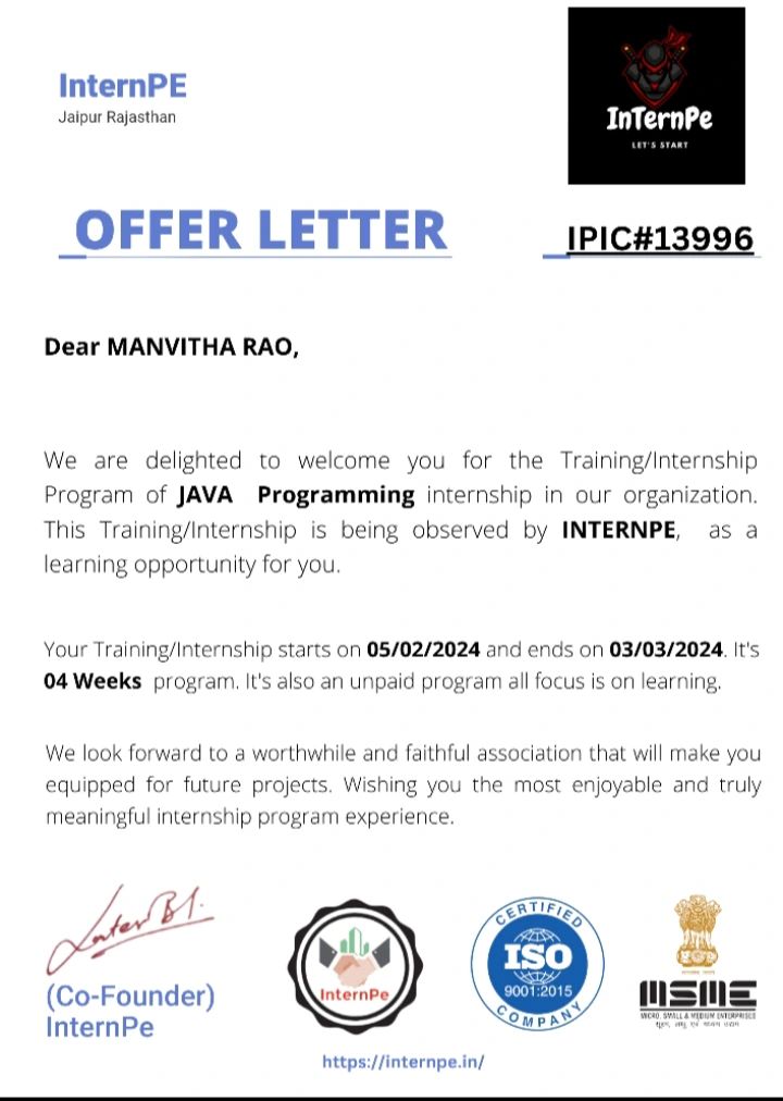 Manvitha Rao on LinkedIn: #internpe #javaprogramming Manvitha Rao on LinkedIn: #internpe #javaprogramming