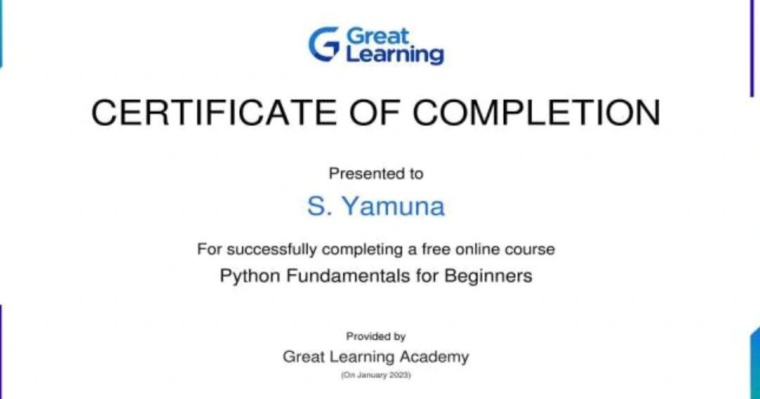 Yamuna S on LinkedIn: #certificateofcompletion #pythonprogramming # ... Yamuna S on LinkedIn: #certificateofcompletion #pythonprogramming # ...