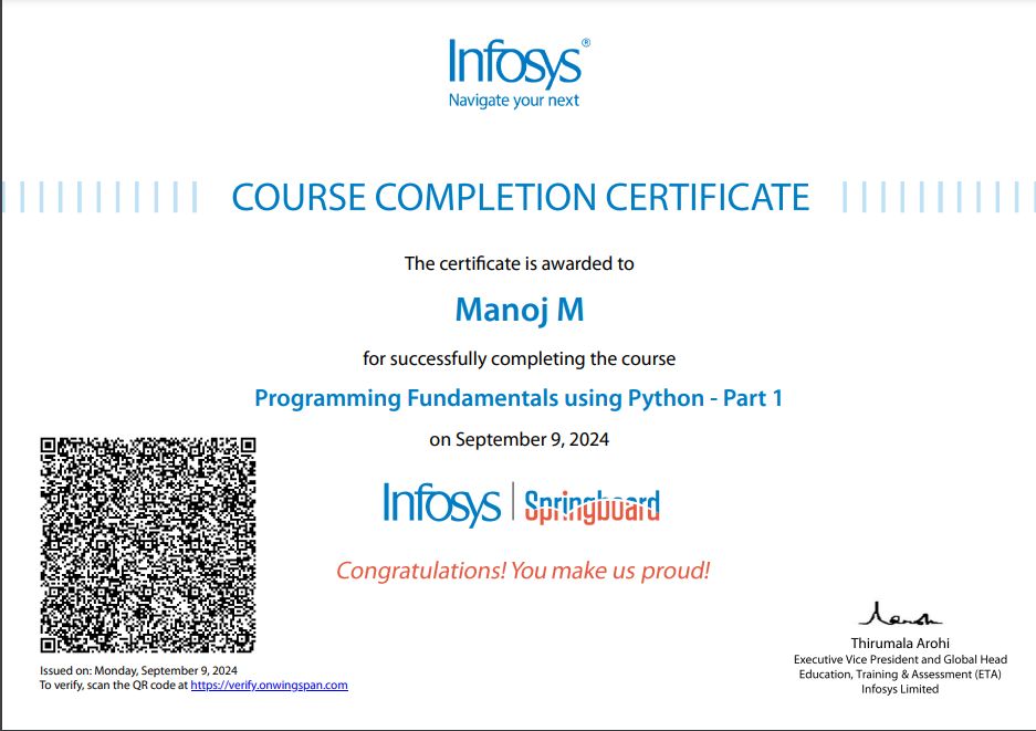 Manoj M on LinkedIn: #python #programming #certificate #learningjourney ... Manoj M on LinkedIn: #python #programming #certificate #learningjourney ...