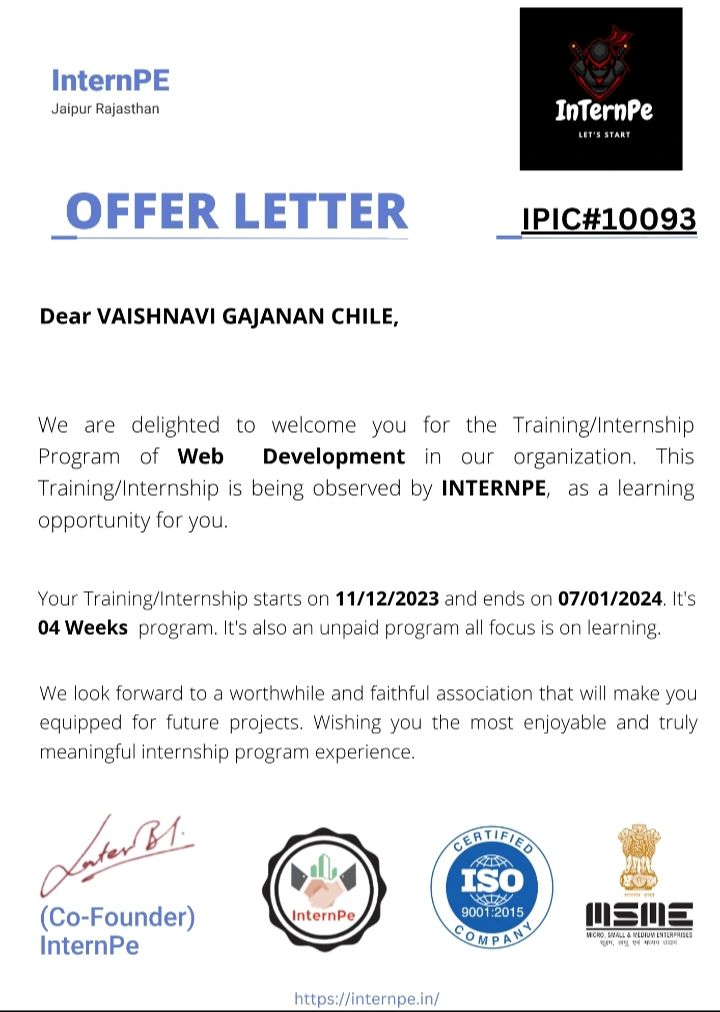 Vaishnavi Chile on LinkedIn: #internship #internpe #webdevelopment Vaishnavi Chile on LinkedIn: #internship #internpe #webdevelopment