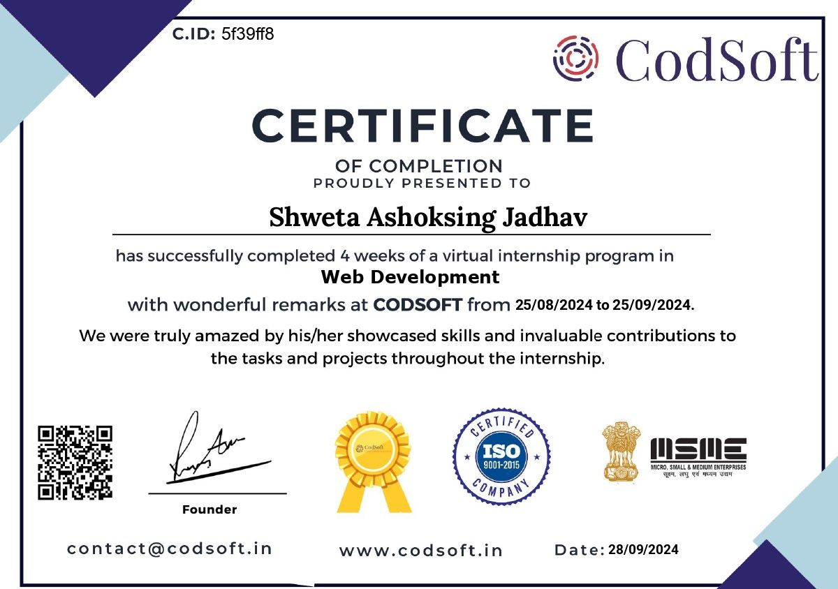 Shweta Jadhav on LinkedIn: #codesoft #internship #webdevelopment Shweta Jadhav on LinkedIn: #codesoft #internship #webdevelopment