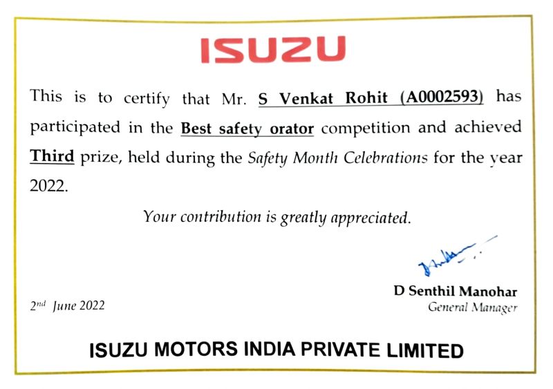 I am happy to share that I had secured 3rd Prize in the Best Safety ... I am happy to share that I had secured 3rd Prize in the Best Safety ...