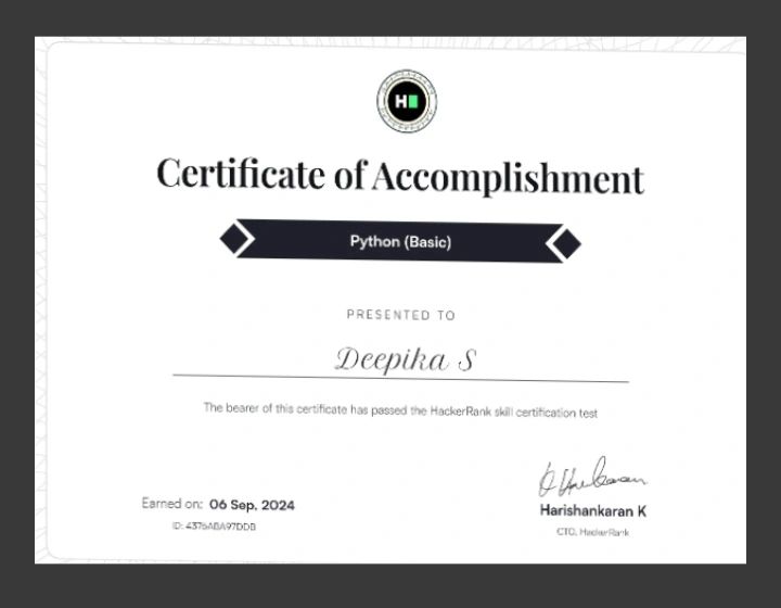 Deepika S on LinkedIn: #python #hackerrank #certification #programming Deepika S on LinkedIn: #python #hackerrank #certification #programming
